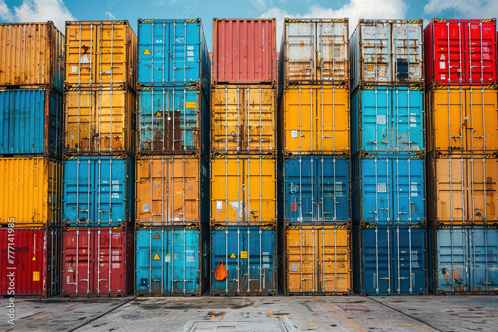 Stacked cargo containers in the storage area of freight sea port ...