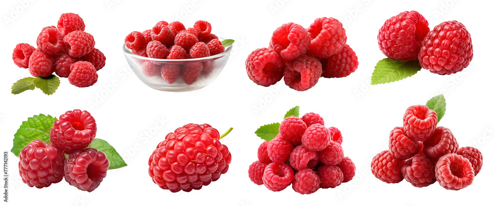 Raspberry raspberries, many angles and view side top front group pile ...