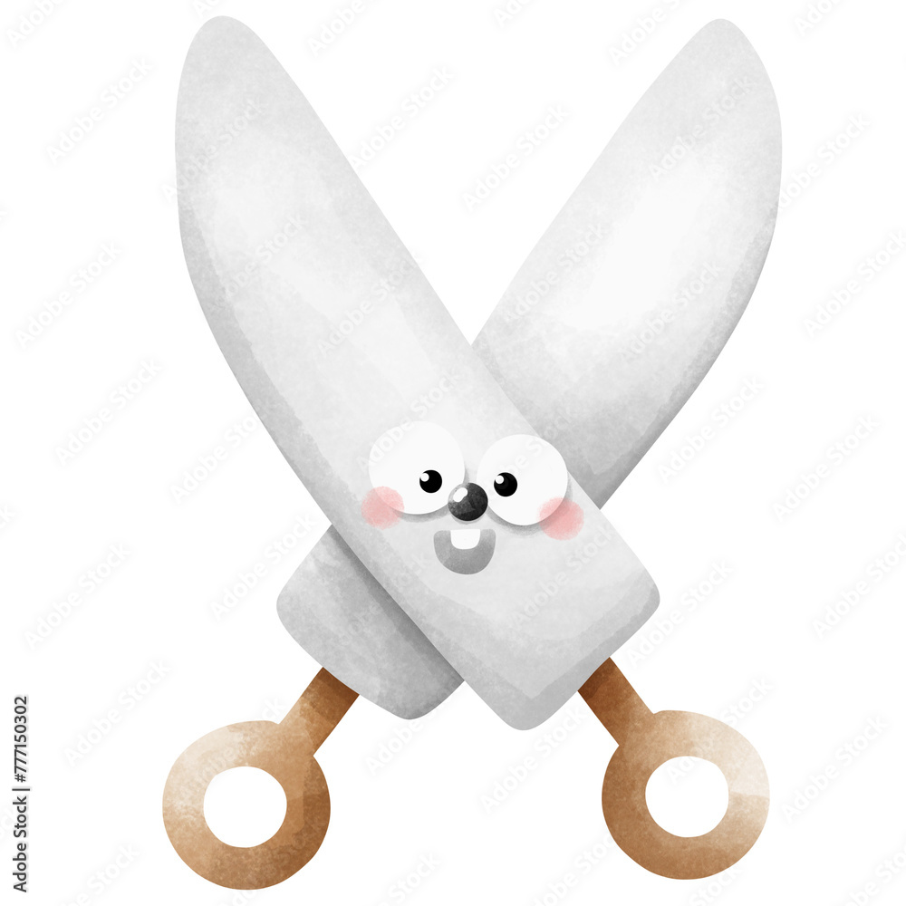 a hand painting of cute smiley scissors , study and school clipart for ...