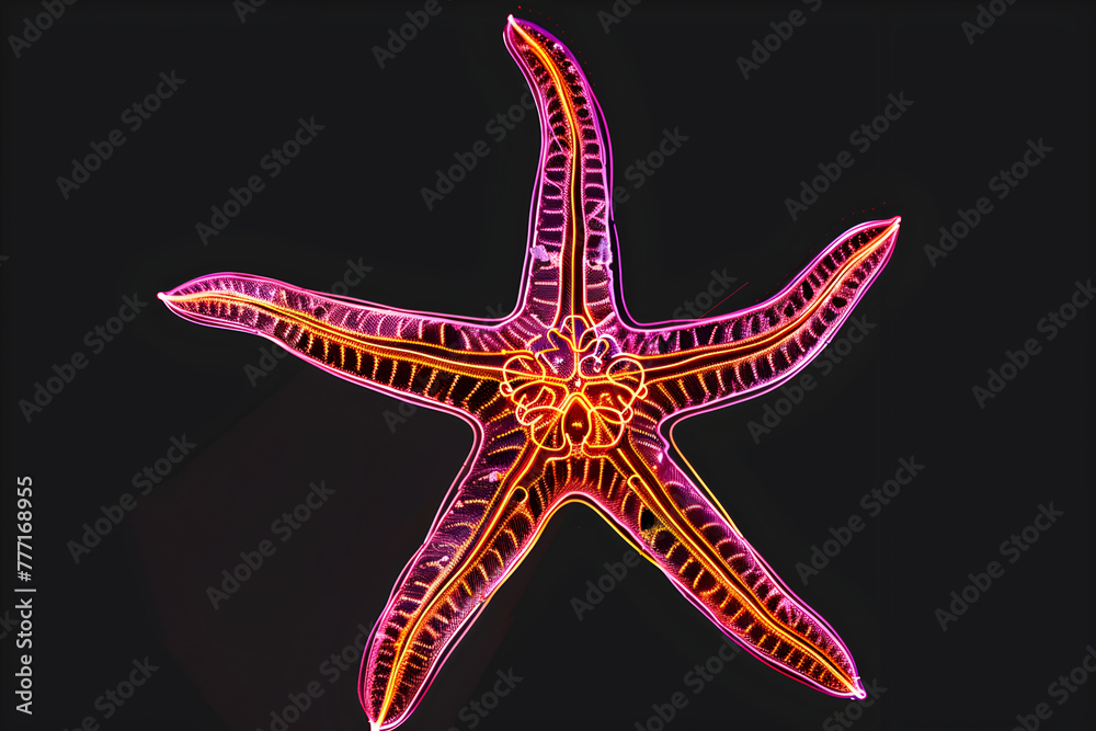 Neon starfish outline with orange neon outlines isotated on black ...