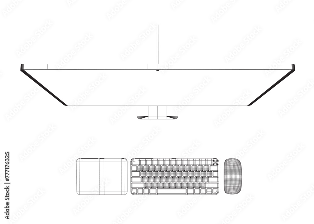Monitor PC mockup. Wireframe thin frame monitor or PC with mouse and ...