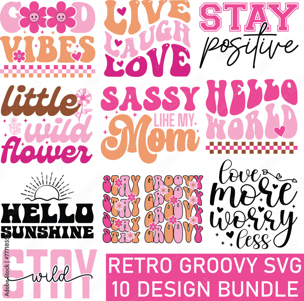 Retro Groovy Svg Bundle, Retro Motivational Bundle Svg, Positive Funny ...