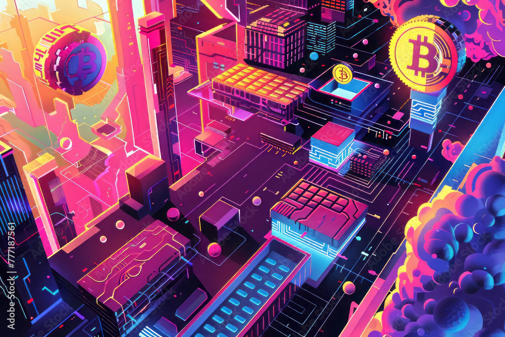 A retro-futuristic bitcoin halving event, using a combination of vivid ...
