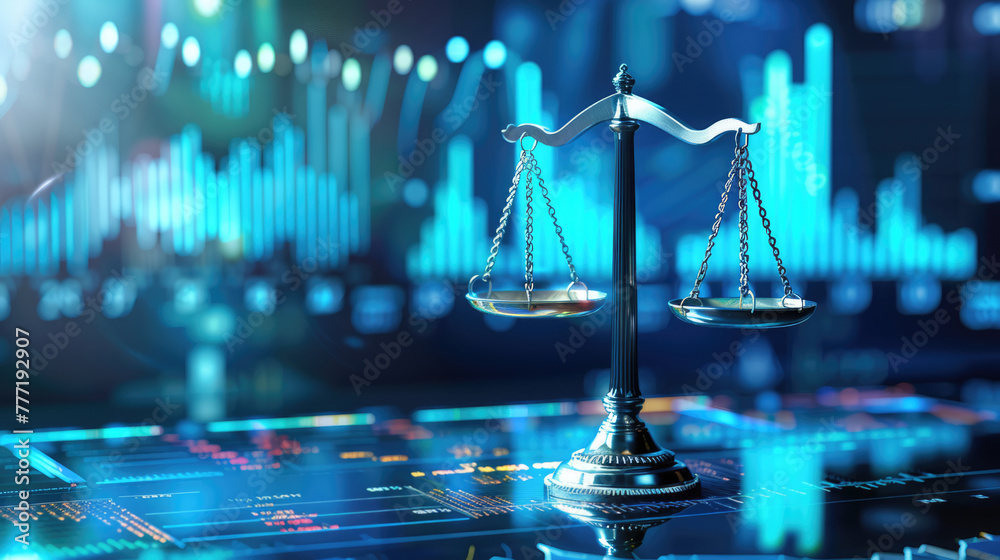 Law scales on blurred background of analytics data, statistics, graphs ...