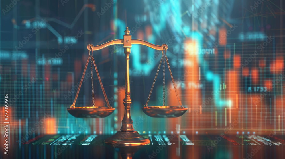 Law scales on blurred background of analytics data, statistics, graphs ...