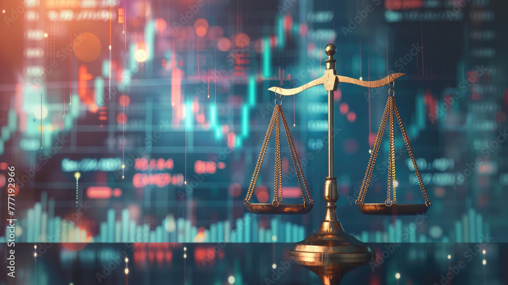 Law scales on blurred background of analytics data, statistics, graphs ...