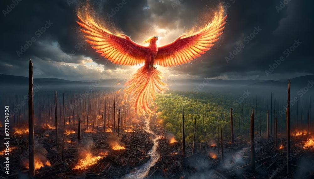A majestic phoenix in flight above a scorched landscape, its fiery ...