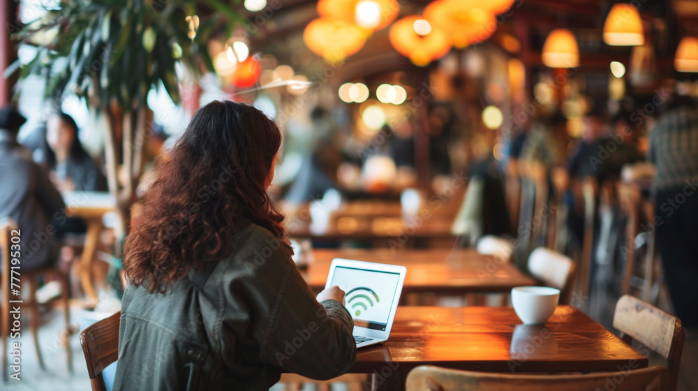 A person using a public Wi-Fi network in a crowded café, unaware of the ...