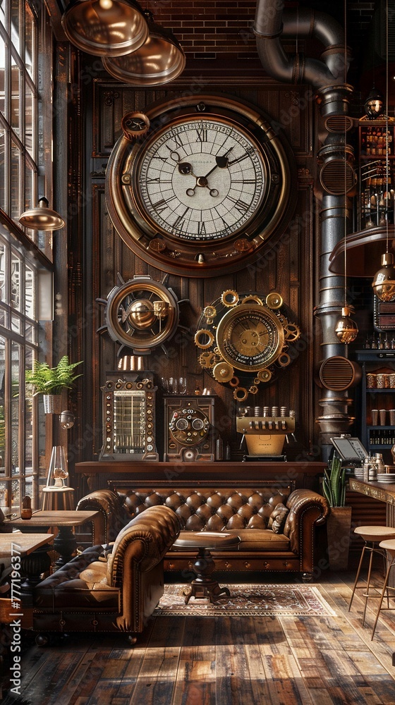 Steampunk-themed cafe with brass gears, leather couches, and espresso ...