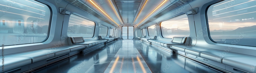 3D visualization of a futuristic train interior with modular seating ...