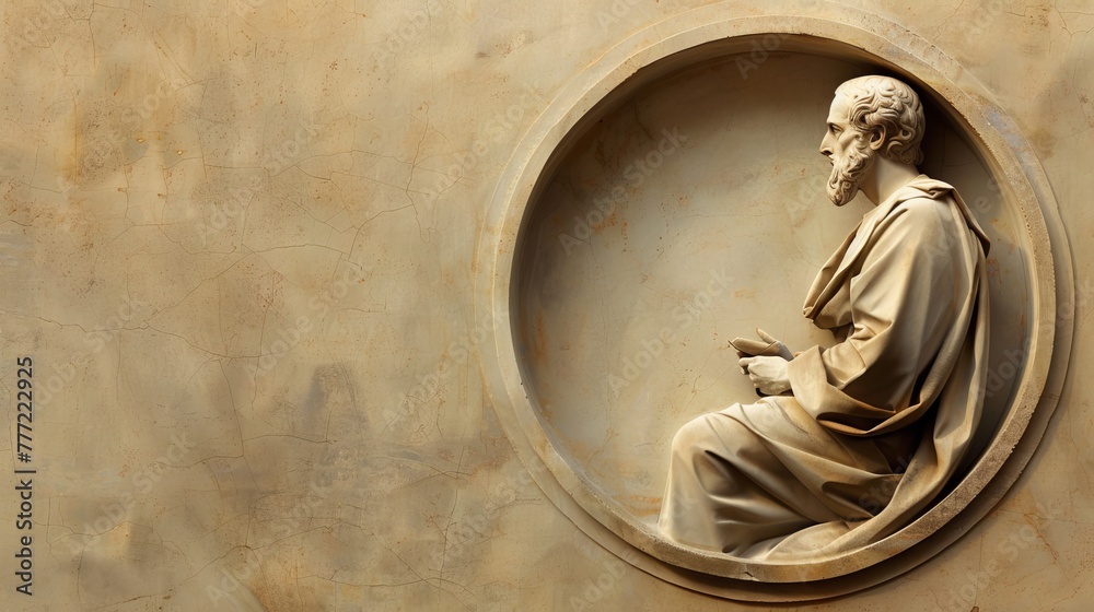 A finely carved statue of a philosopher, perfectly situated within a ...