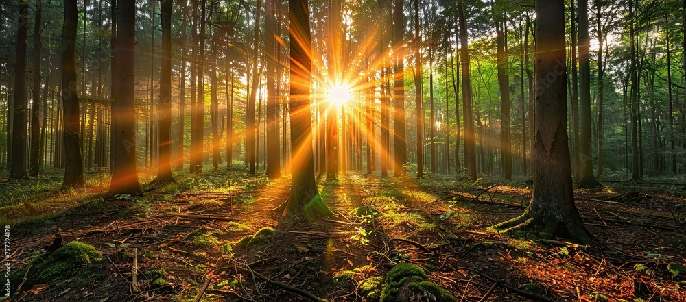 Sunlight shining through the green trees, filtering through the leaves ...