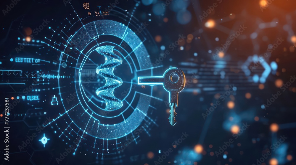 medical genetic cybersecurity scene, with a digital key unlocking ...
