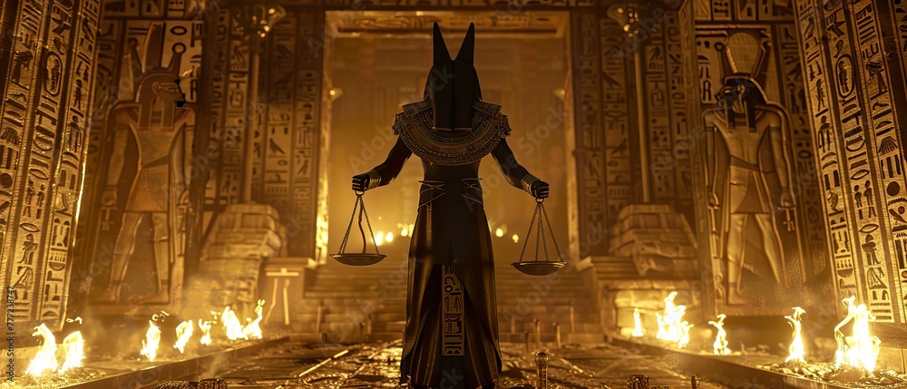 Anubis, God of the Underworld, holding the scales of judgment ...