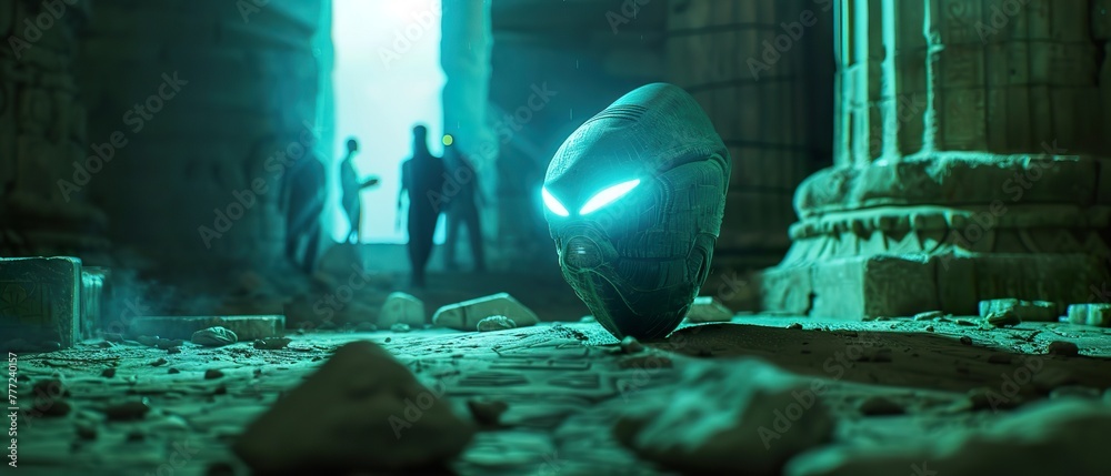 Mysterious alien relic, glowing softly, discovered in ancient ruins Awe ...