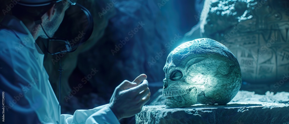 Mysterious alien relic, glowing softly, discovered in ancient ruins Awe ...