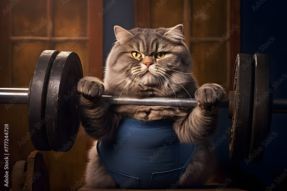 Overweight orange tabby cat sweating it out at the gym, lifting weights in its quest for a ...