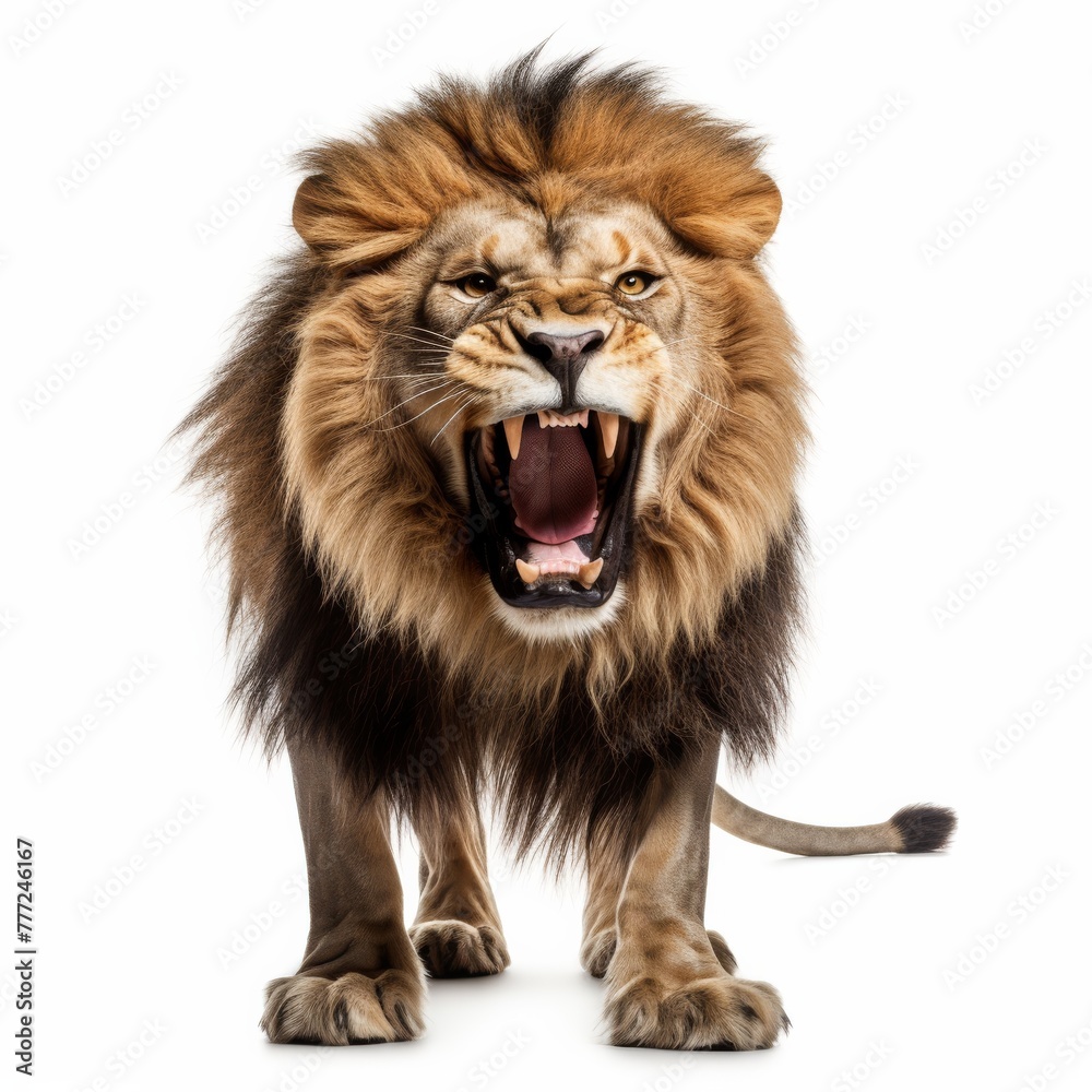An aggressive, roaring male lion baring its fangs fiercely, captured in ...