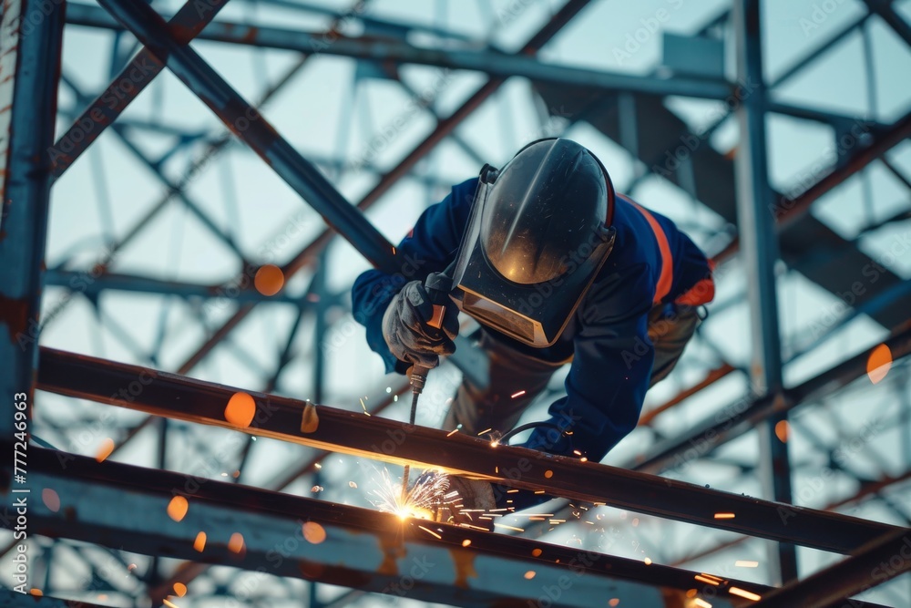 Engineer A welder is welding steel on a steel roof truss Building ...