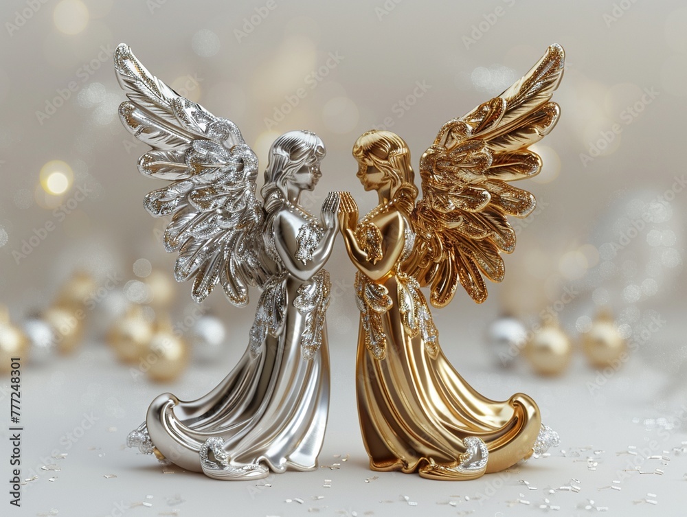 Gold angel and silver bells, stark contrast, white background, front ...