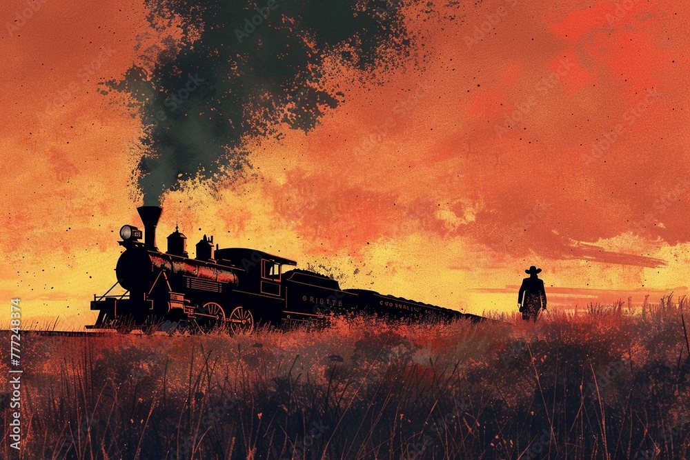 Minimalist ink, Wild West train robbery, dusk light, side view ...