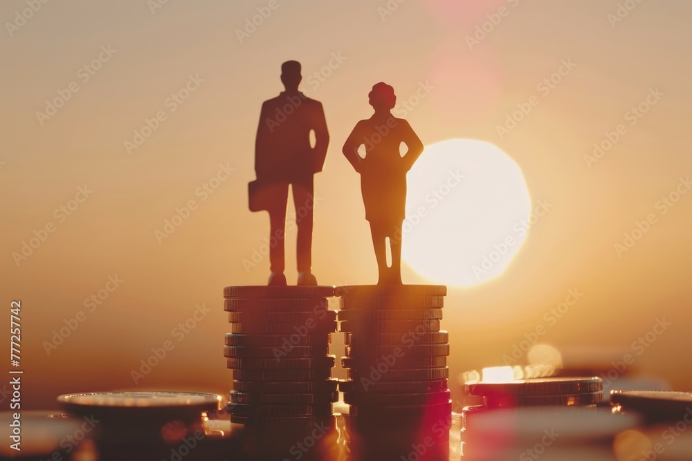 Male and female figurines standing on top of columns of coins. Wage gap ...