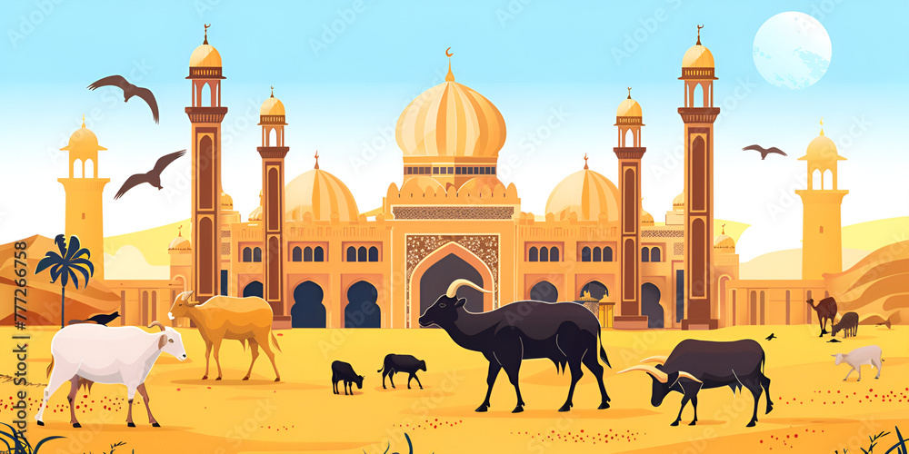 animal sacrifices in the month of eid ul adha with mosque and blue ...