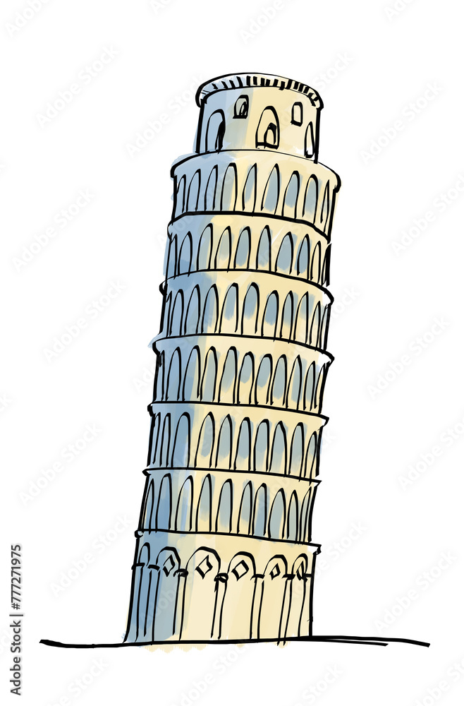 Illustrated drawing of the Leaning Tower of Pisa on a white background ...
