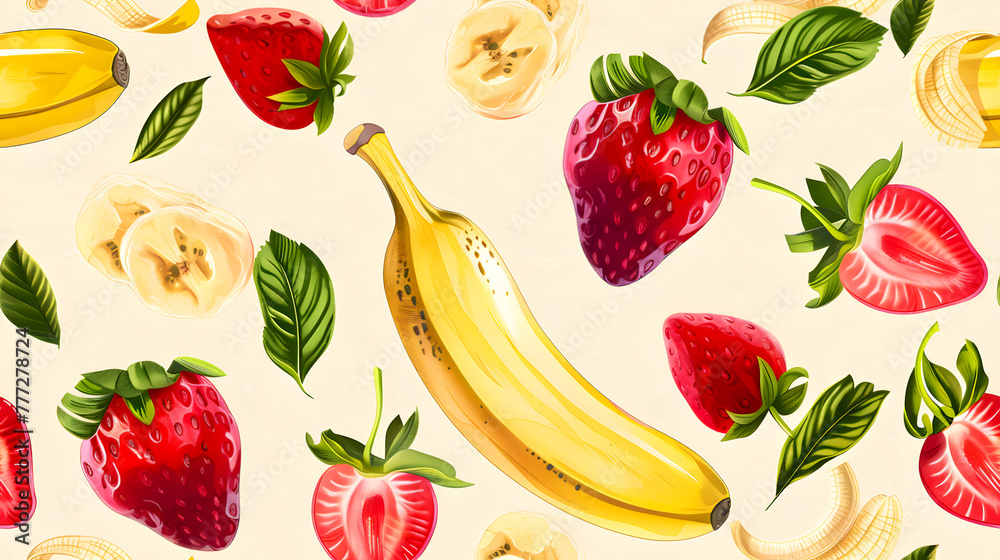 Strawberry banana 2D illustration. Artistic banana and strawberry ...