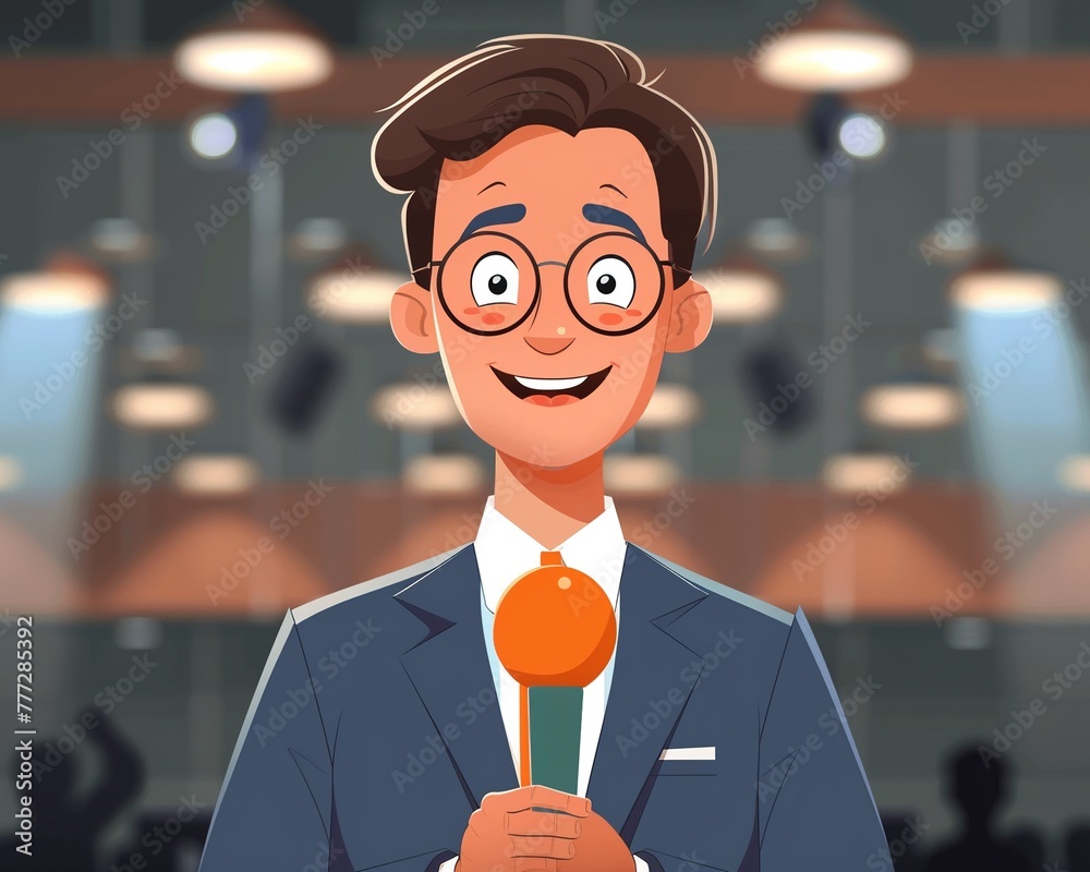 Animated TV reporter with orange microphone, press conference, indoor ...