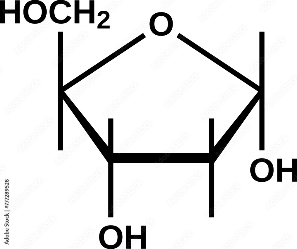 Alpha-deoxyribose cyclic structural formula, furanose form of ...