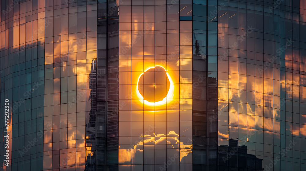 Solar eclipse reflected on the glass facade of skyscrapers. Solar ...