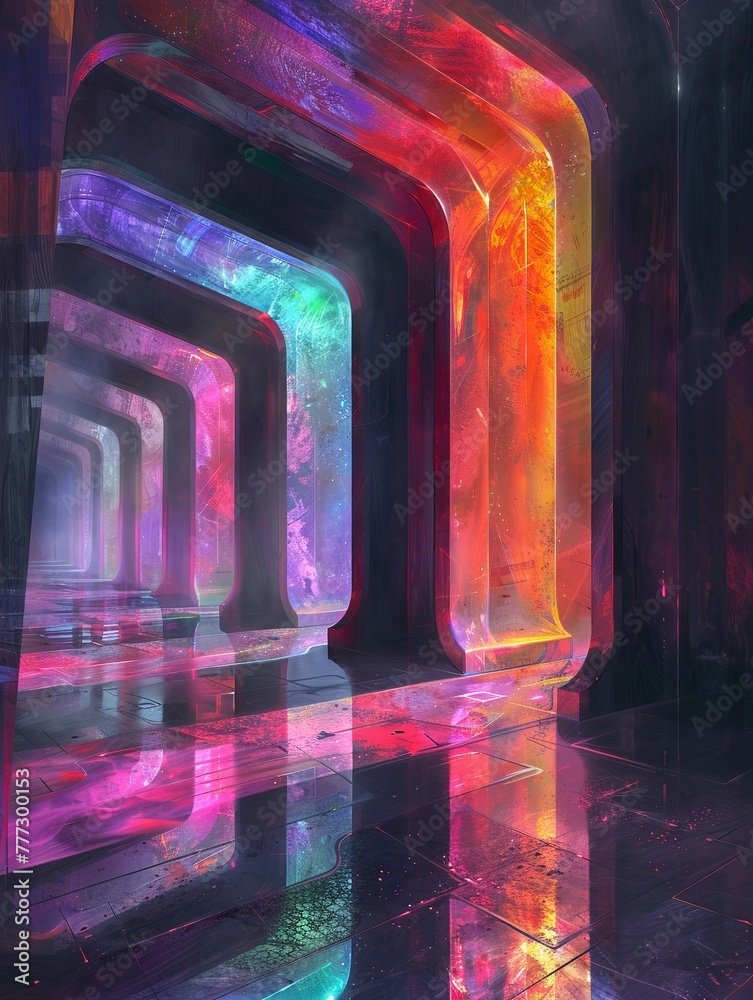Giant, deserted space vessel hall, alive with rainbow gradients ...