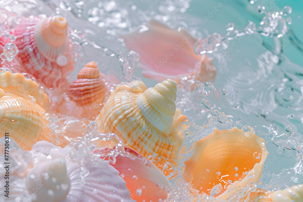 sea shells underwater background with splash and drops.close up Stock ...