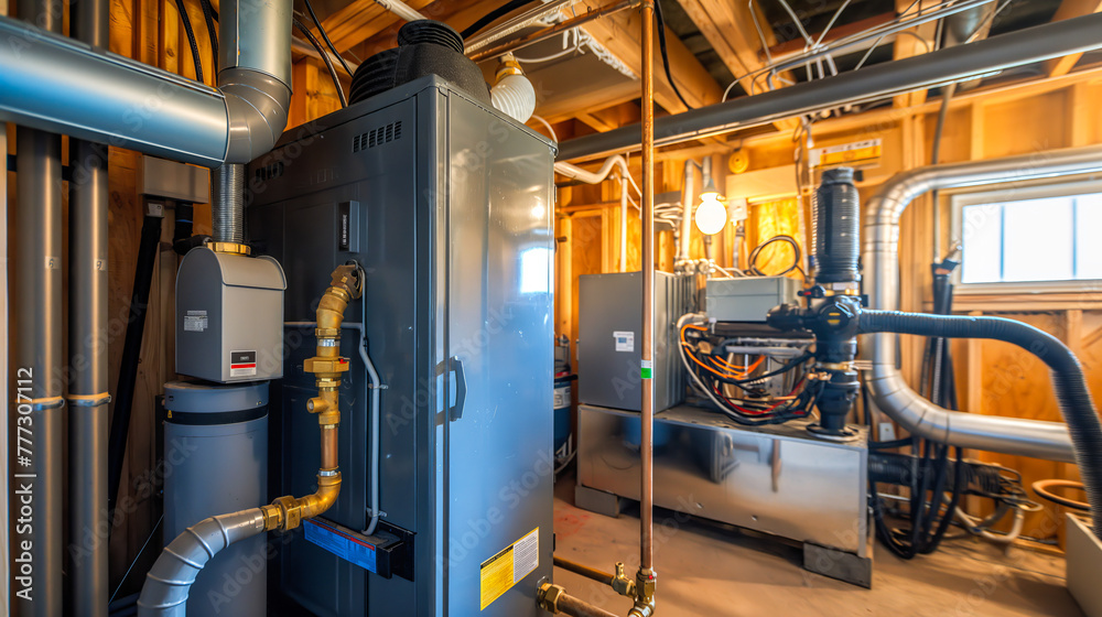 Newly installed high-efficiency furnace in a residential utility room ...