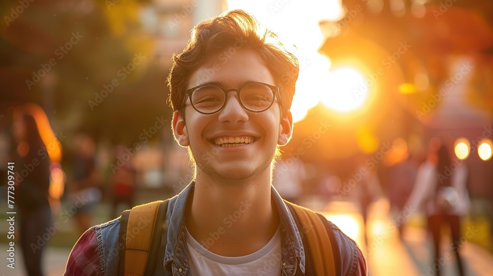 A candid shot of a college student smiling on campus during golden hour ...
