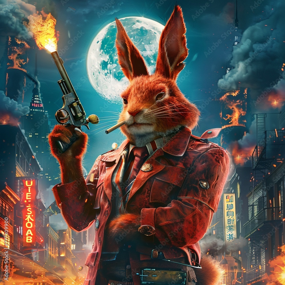 A captivating film poster featuring a scarlet hare protagonist armed ...