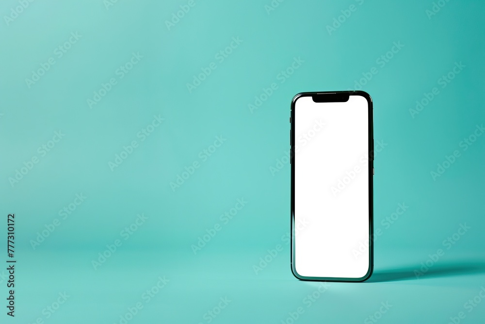 Phone with vertical white screen isolated light blue background. Mock ...
