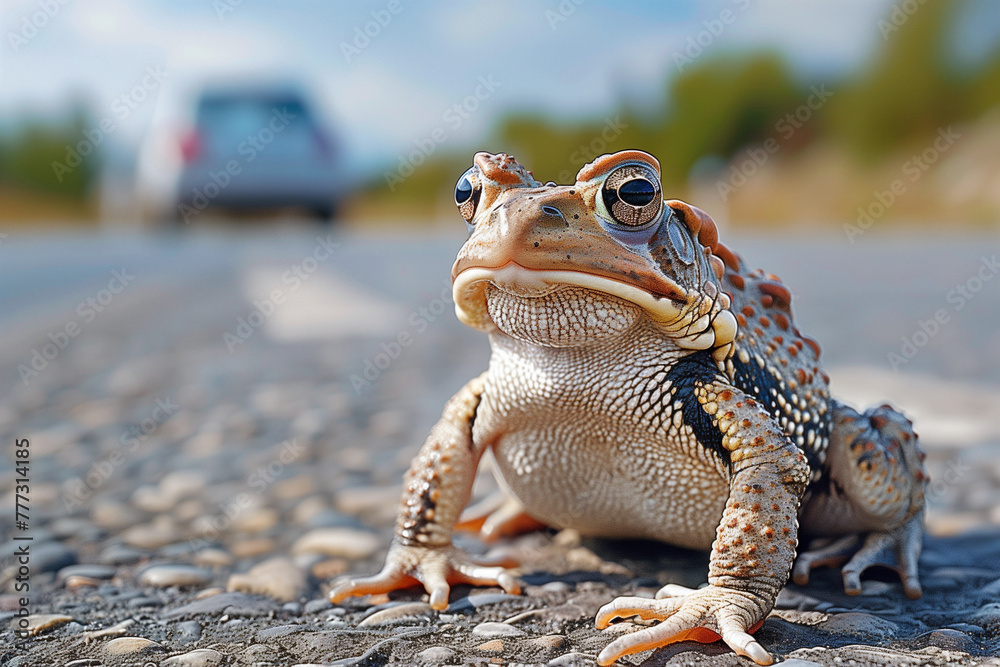Toad crossing road to spawning ground, mating season of amphibian ...