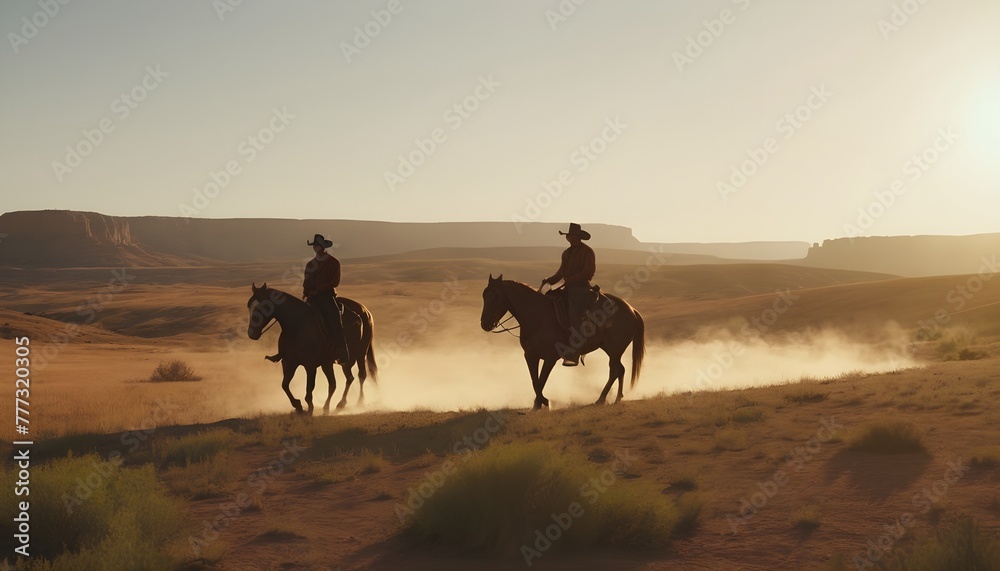 Western landscape with silhouette of a lonely cowboy riding a horse in ...