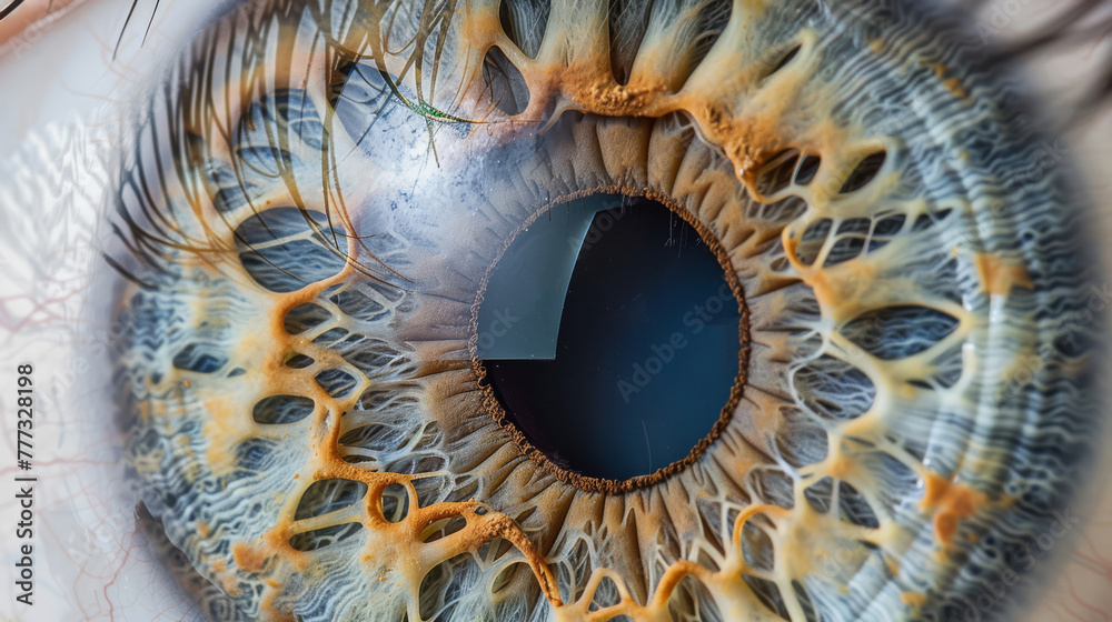 Detailed cross-section of the human eye, illustrating the cornea, iris ...