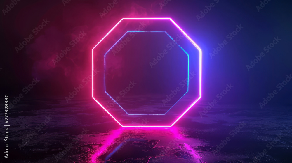 Dynamic neon octagon frame with rotating light effect, on a simple dark ...