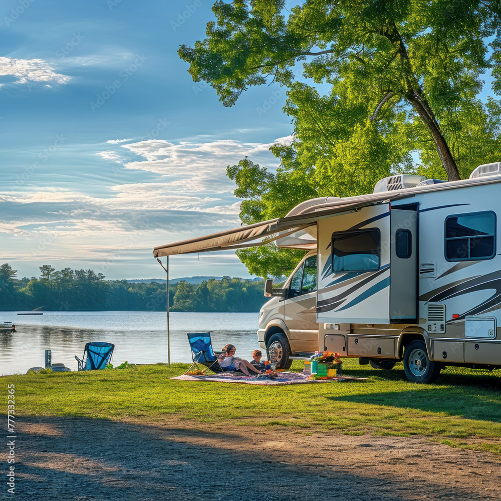 Escape to nature with a luxurious RV parked by a tranquil lake, where a ...