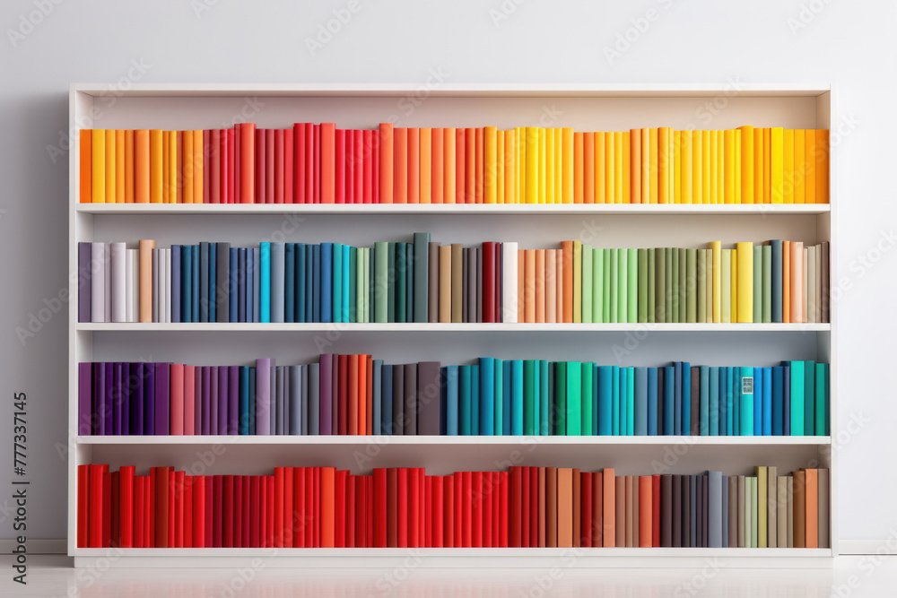 Shelf with books of different colors. A lot of books arranged by color ...