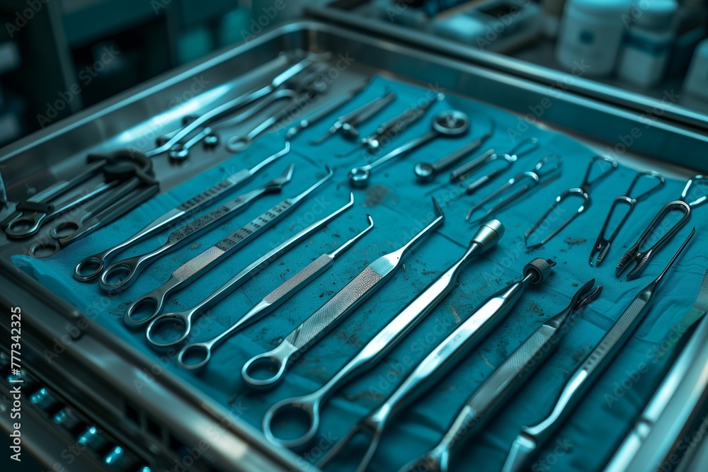 Surgical instruments made of medical steel on a sterile table Stock ...
