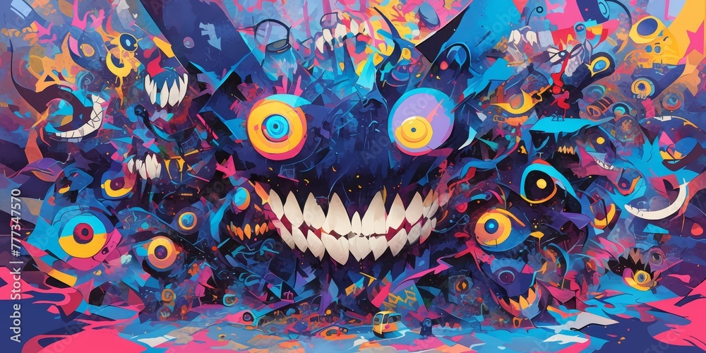 Modern street art mural of an evil cartoon character with big eyes ...