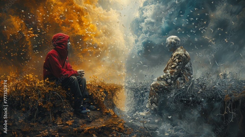 Surrealistic interpretation of wealth discrepancy, with a beggar and a ...