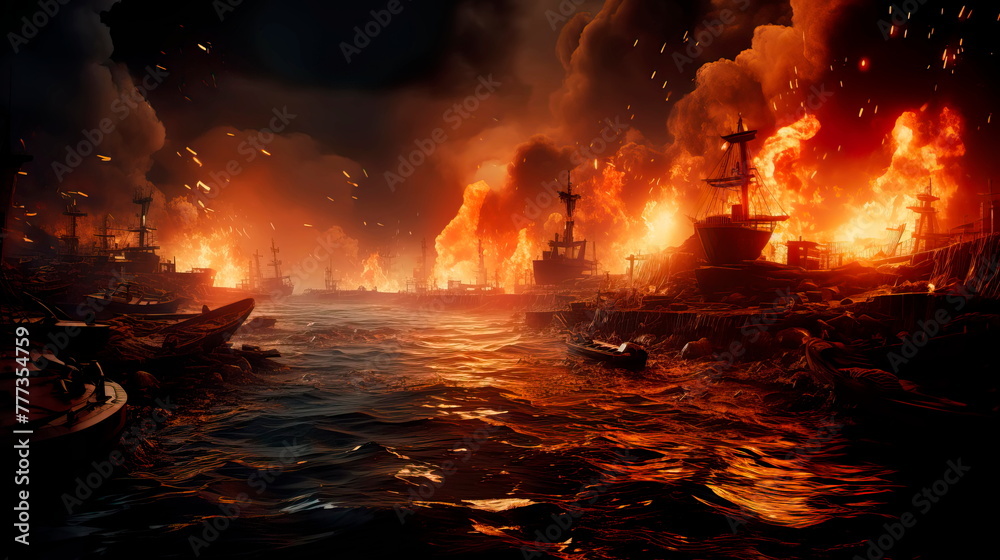 An oil rig disaster at sea, with oil slicks spreading across the ocean ...