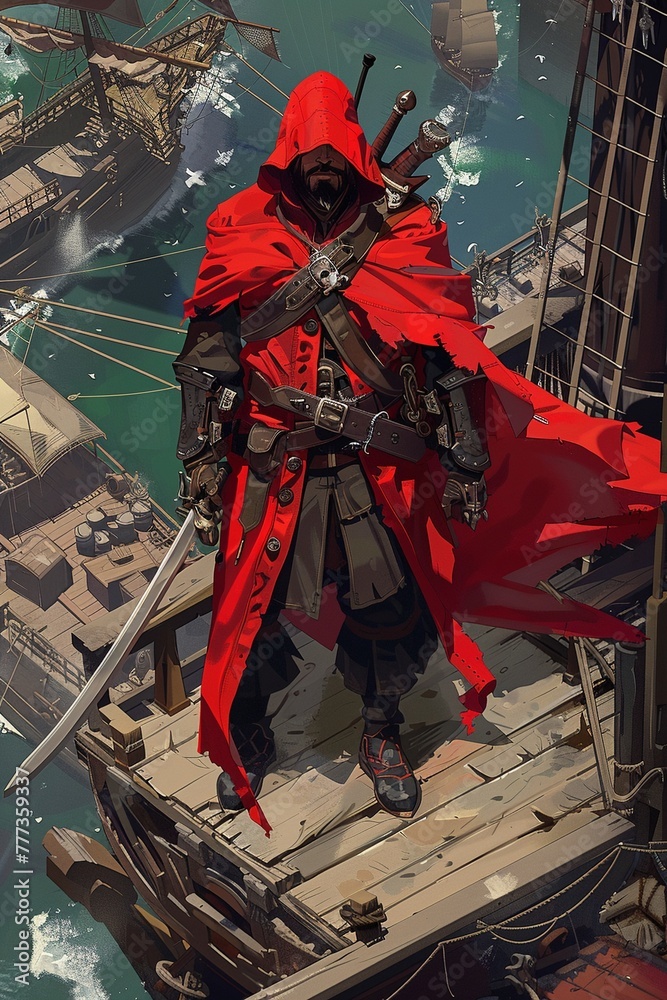 Animated pirate hero, red cape, sword forward, crows nest, topdown ...
