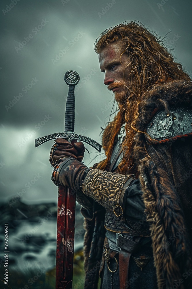 Redhead Viking, sword raised, frontal, thunderclouds, dramatic contrast ...